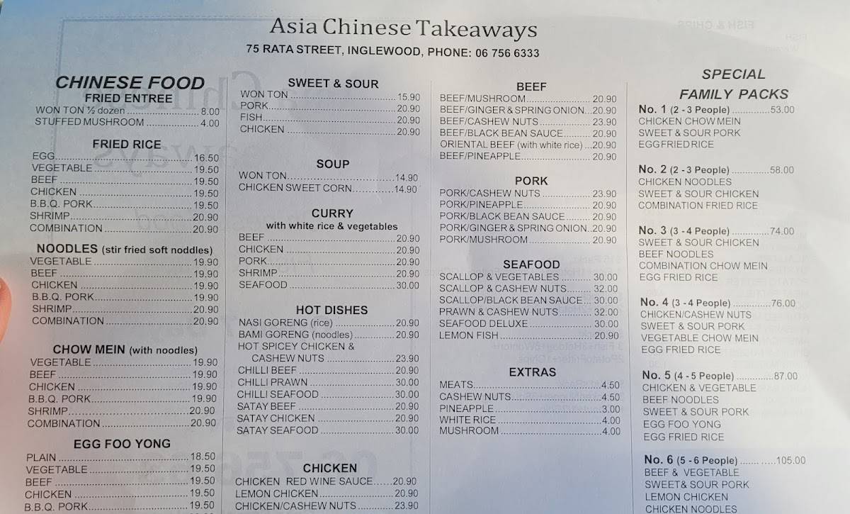 Menu at Asia Chinese Takeaways restaurant, Inglewood