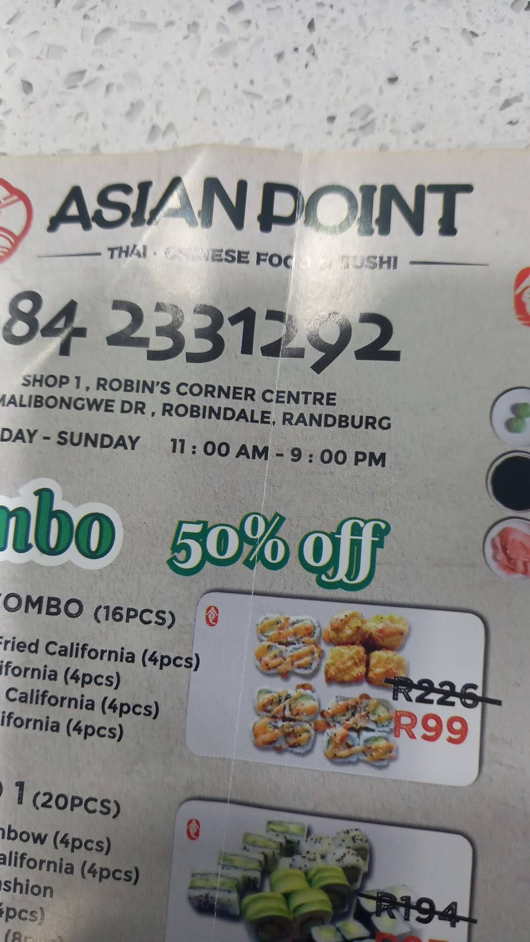 Menu au Asian Point restaurant, Randburg