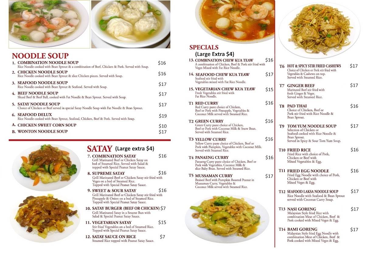 Menu at Asian Satay Noodle House restaurant, Hastings