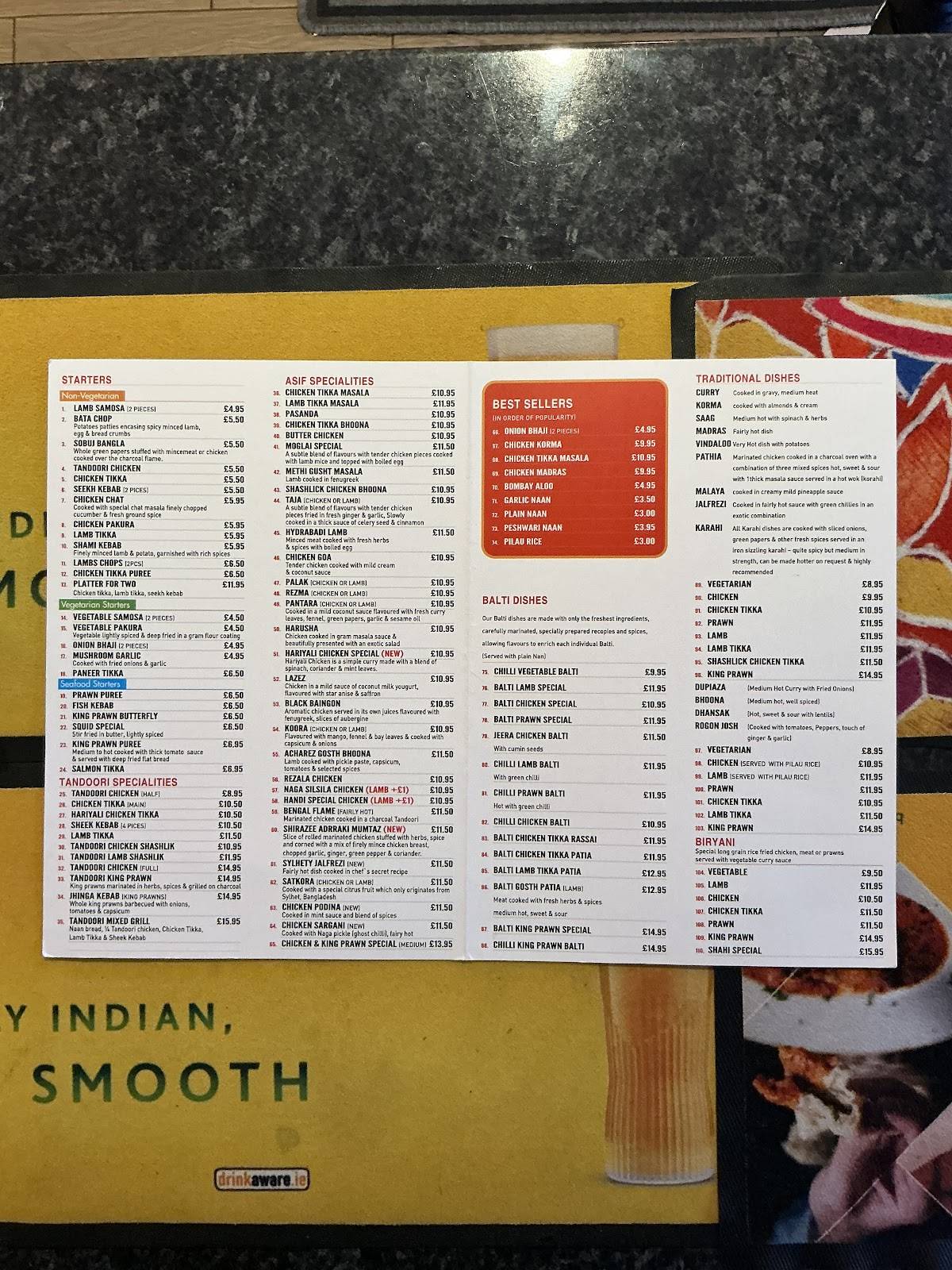 Menu at Asif restaurant, London