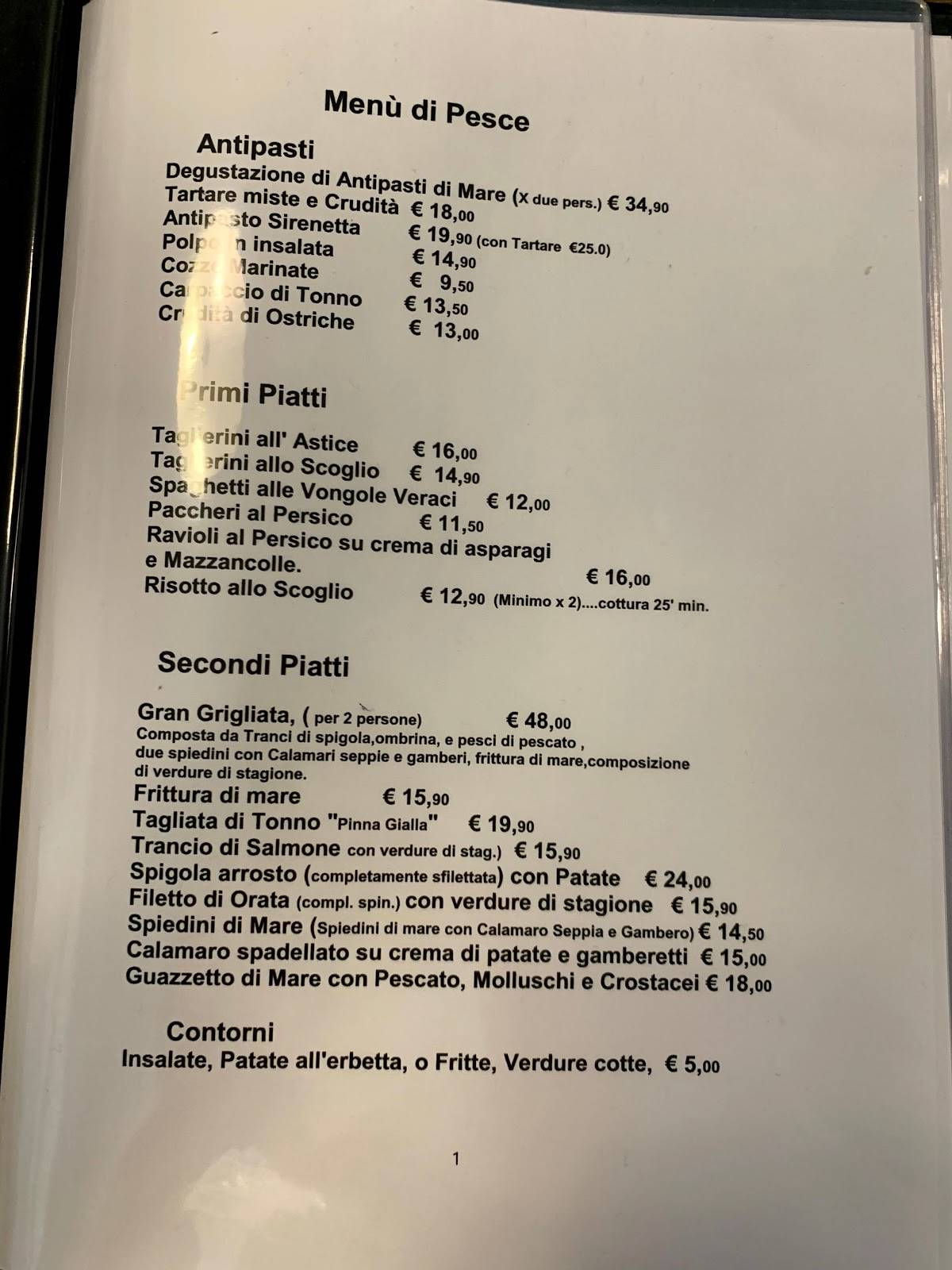 Menu at Trattoria La Sirenetta restaurant, Assisi
