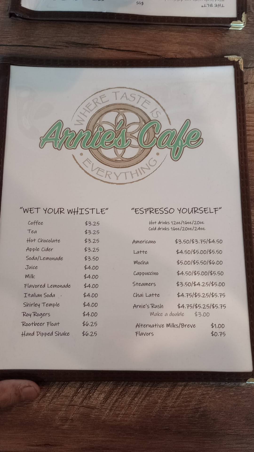 Menu at Arnie's Cafe, Warrenton