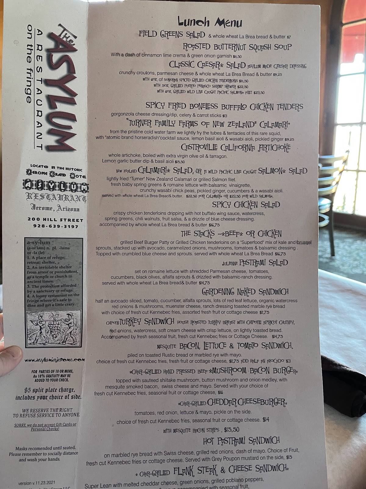 Menu at Asylum Restaurant, Jerome