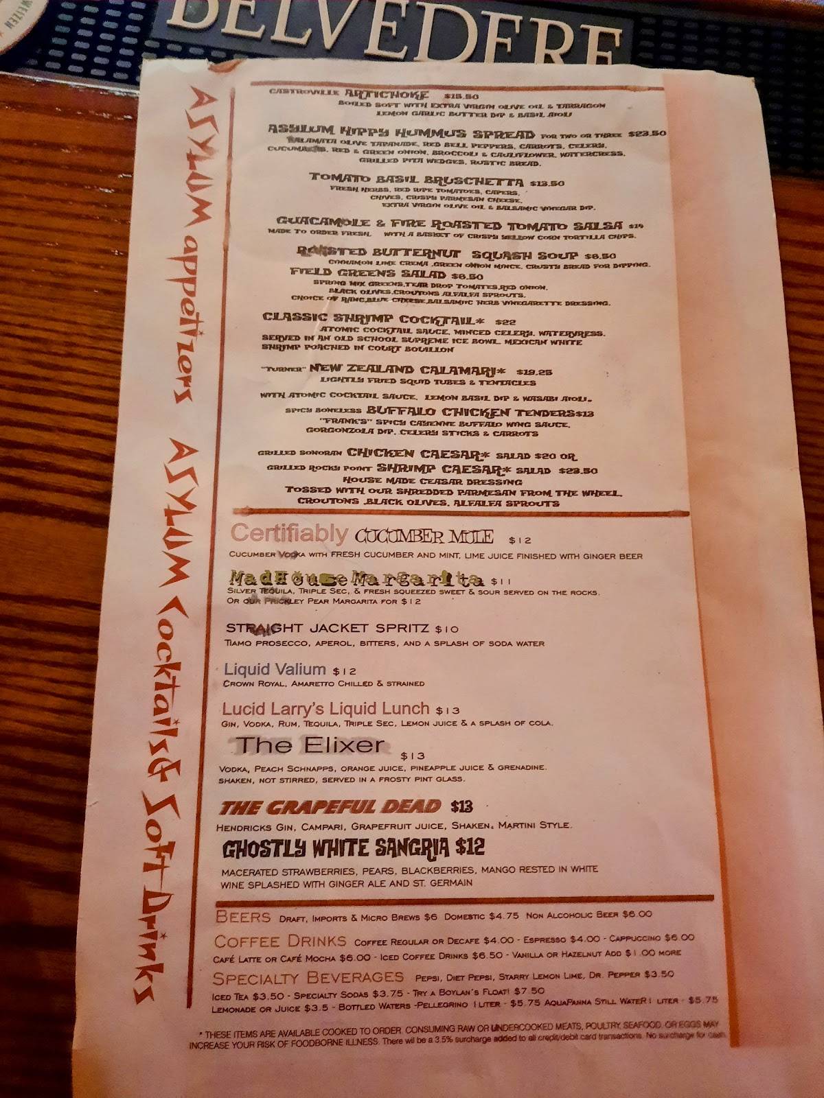 Menu at Asylum Restaurant, Jerome