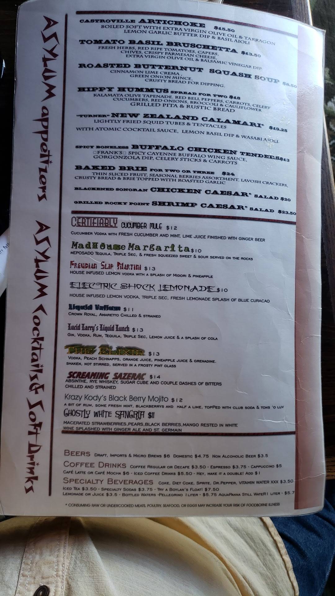 Menu at Asylum Restaurant, Jerome