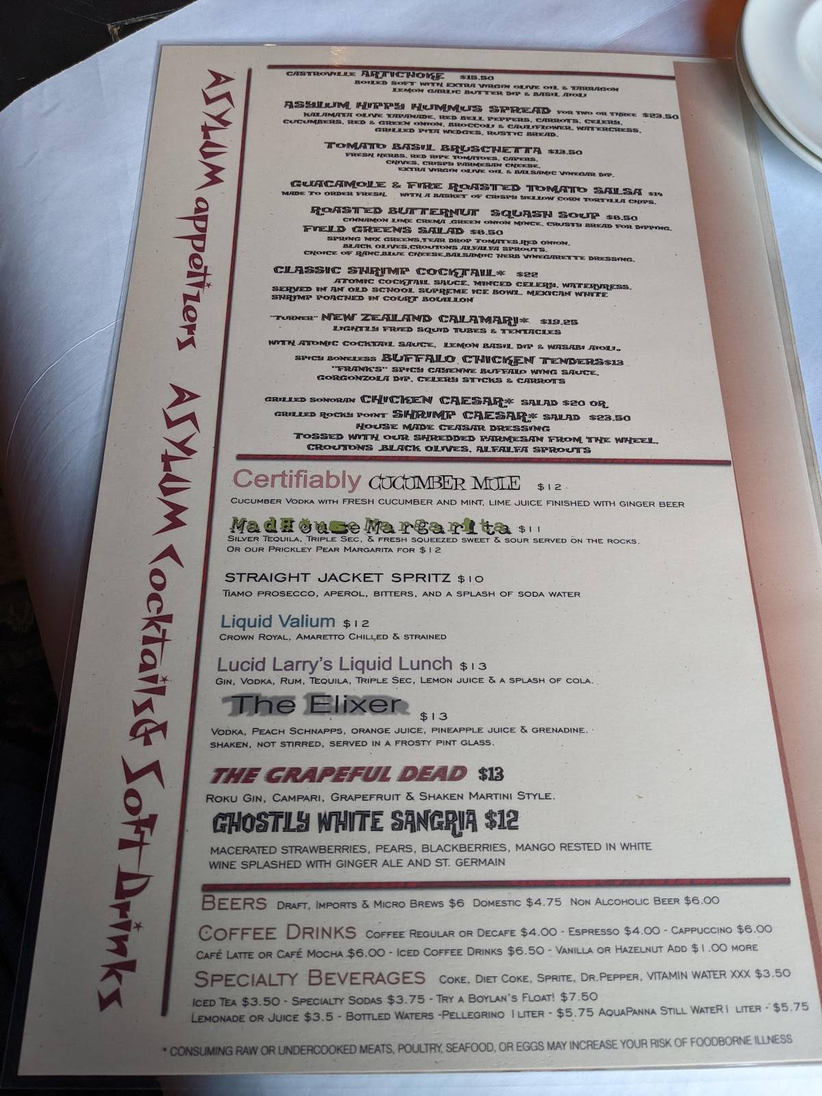 Menu at Asylum Restaurant, Jerome