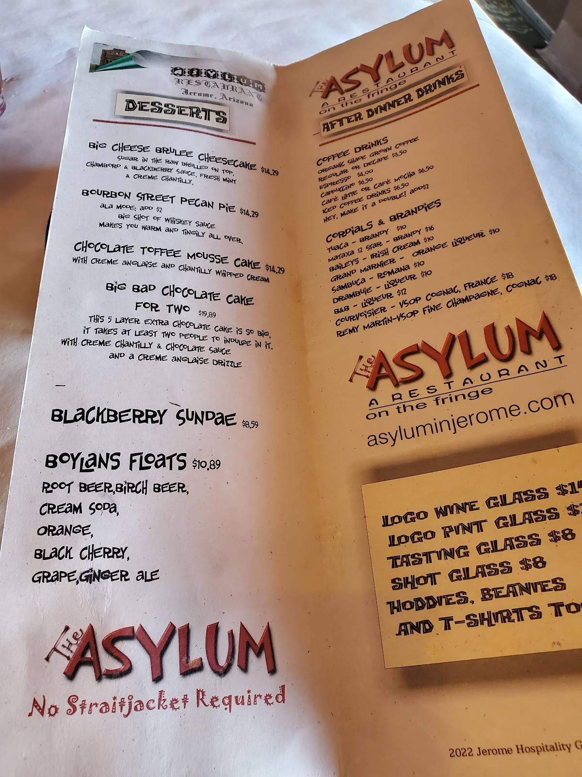 Menu at Asylum Restaurant, Jerome