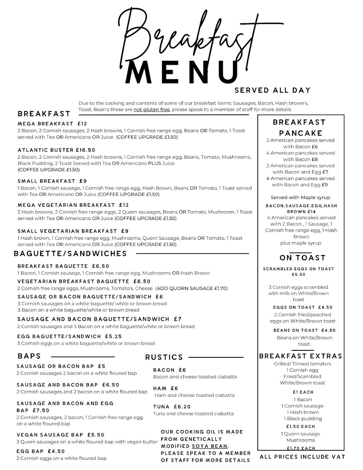 Menu at Atlantic View Cafe, Newquay