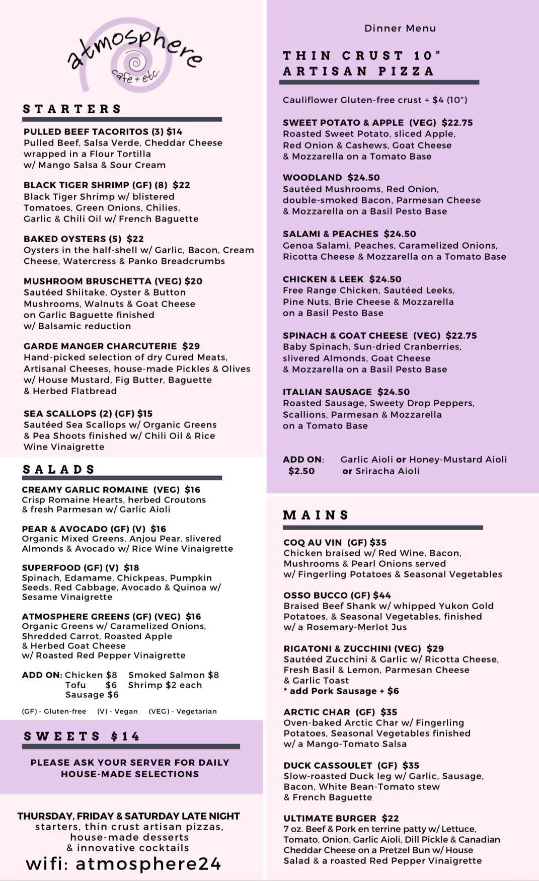 Menu at Atmosphere Cafe + Etc., Guelph