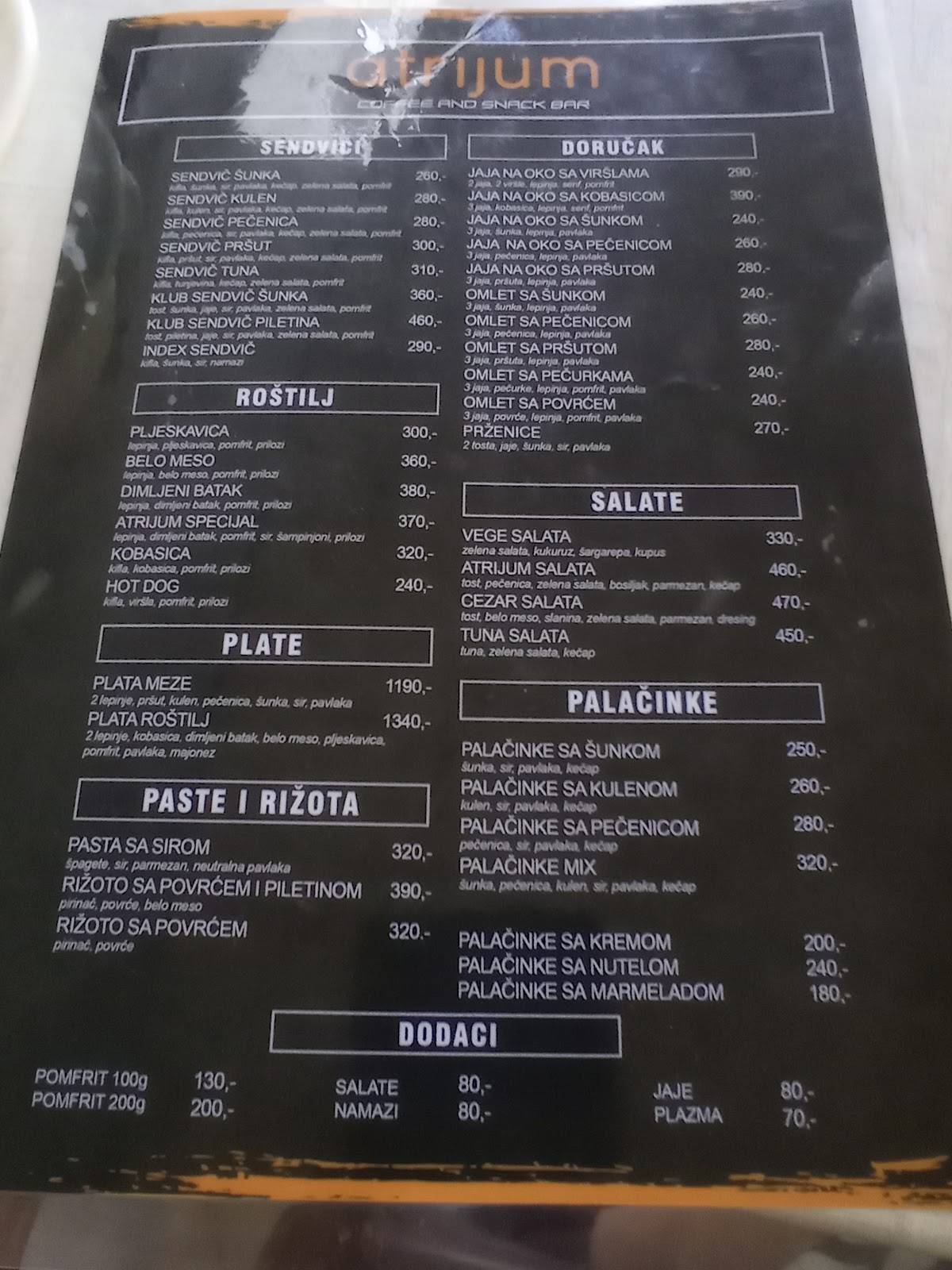 Menu at Атријум - ИН cafe, Novi Sad
