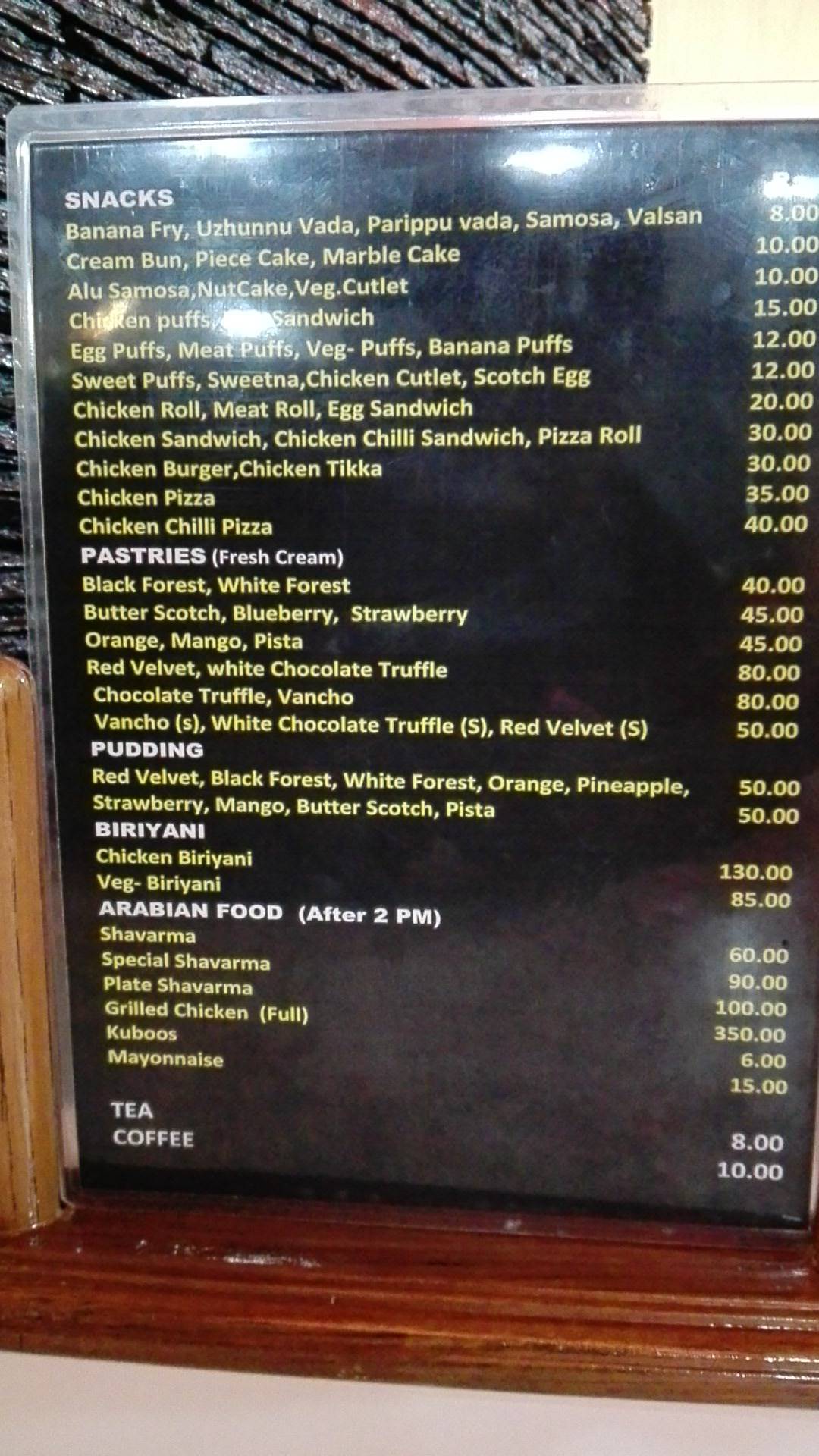 Menu at Modern Bakery, Attingal