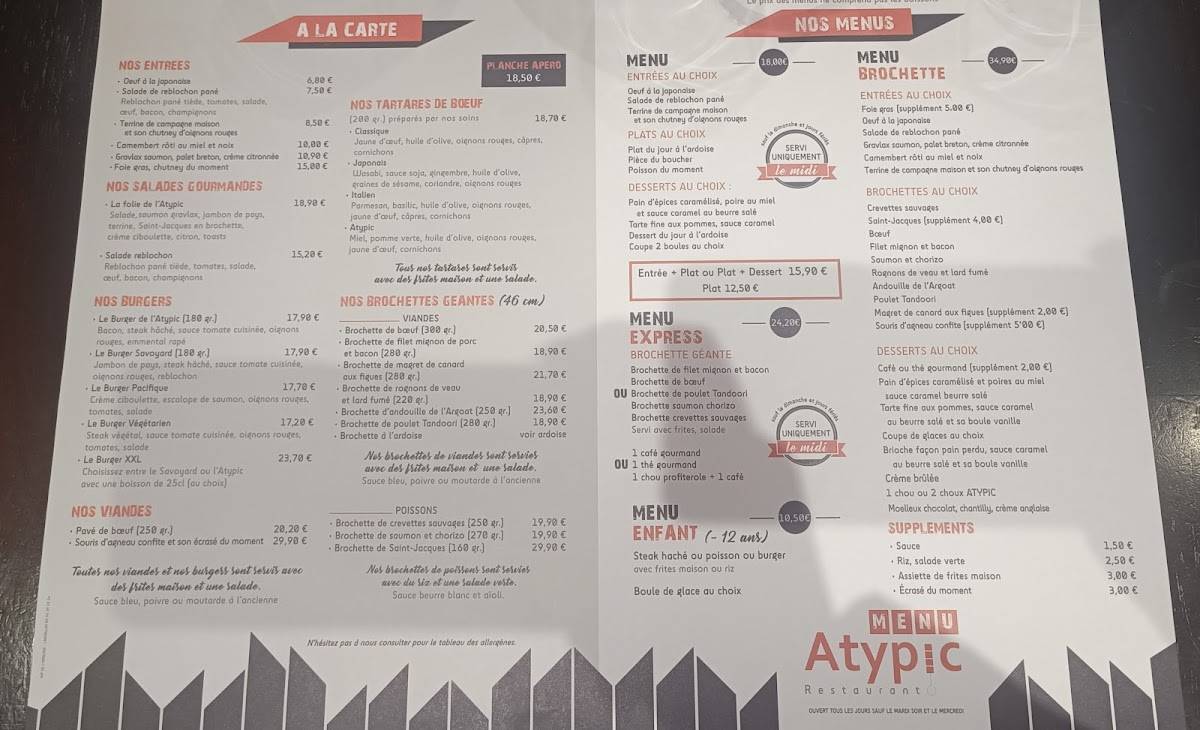 Menu au Atypic restaurant, Dinan