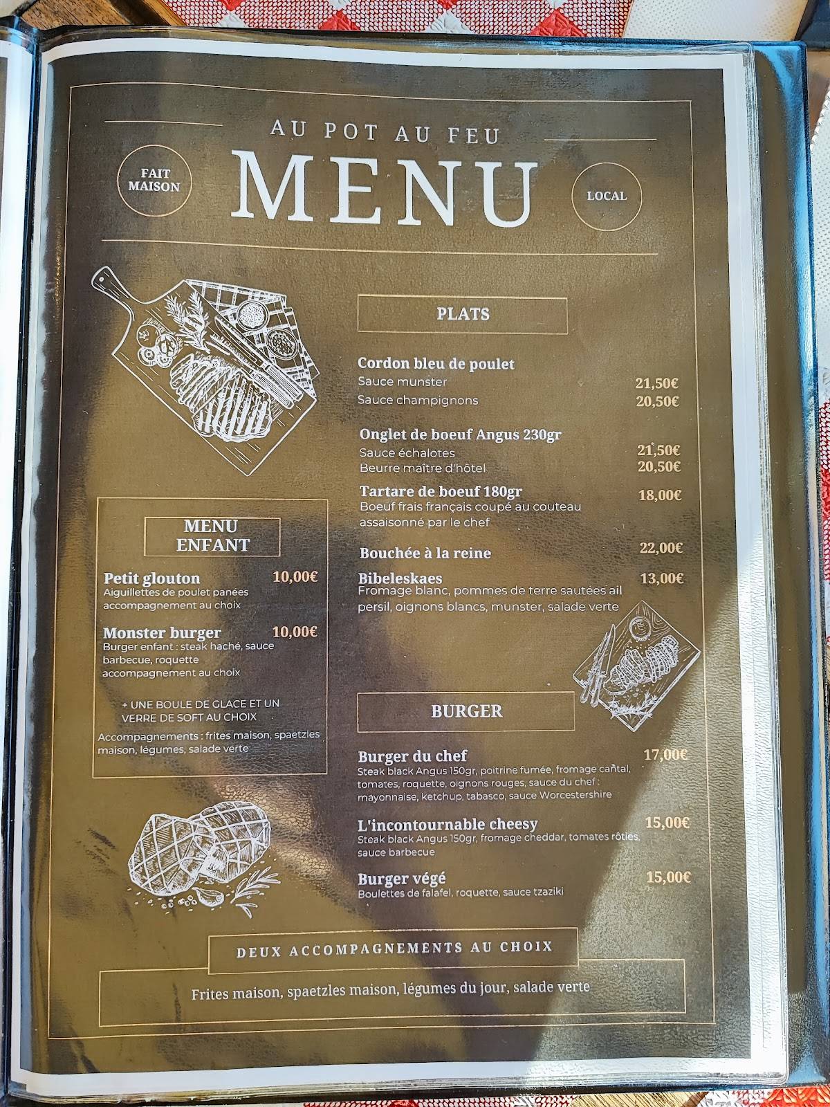 Menu au Au Pot au Feu restaurant, Grendelbruch