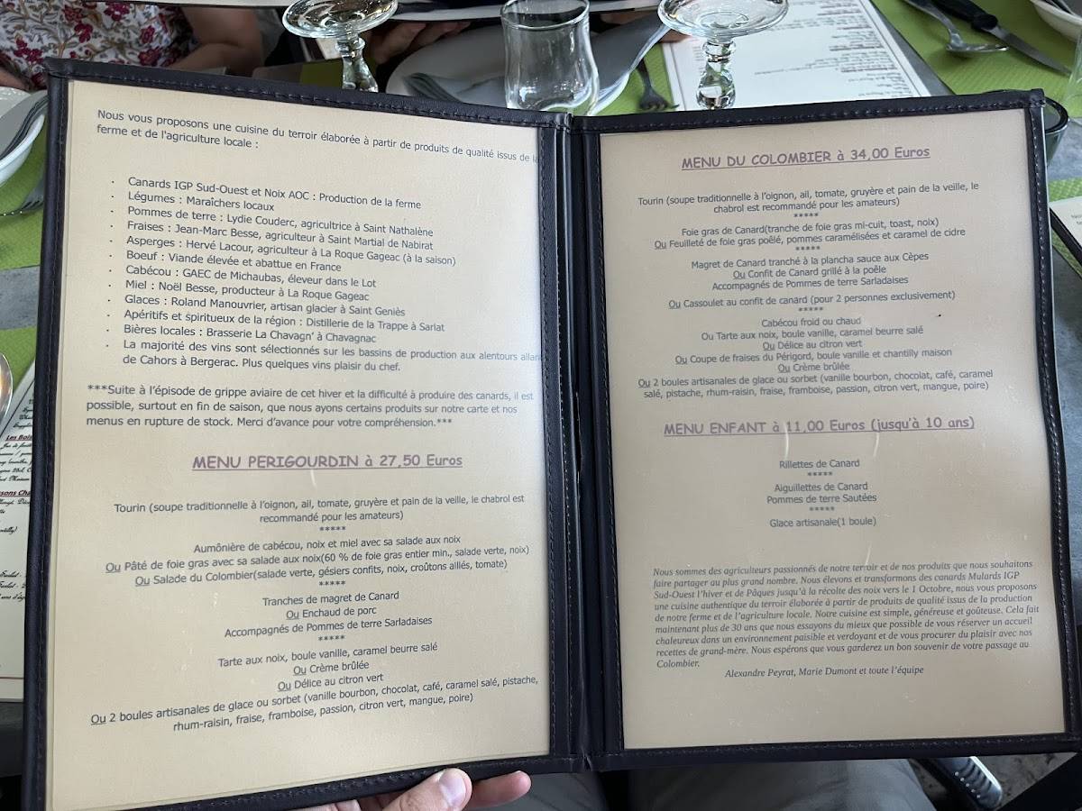 Menu au Auberge le Colombier restaurant, La Roque-Gageac