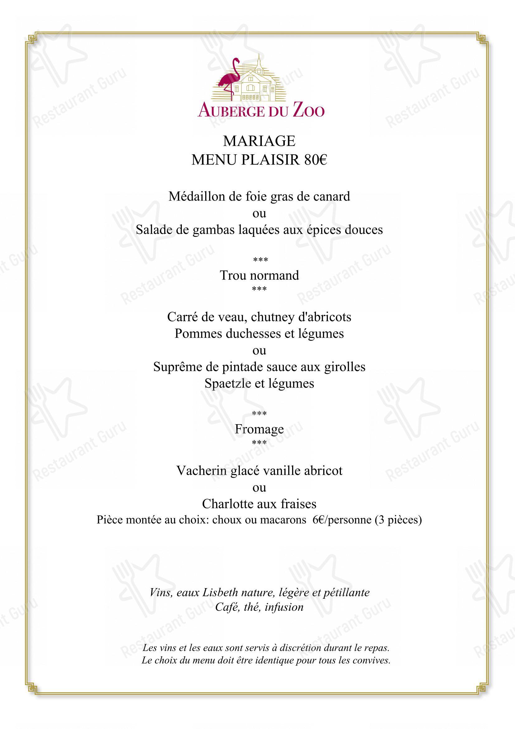 Menu au Auberge du Zoo restaurant, Mulhouse, 31 Avenue de la 9ème D.I.C.