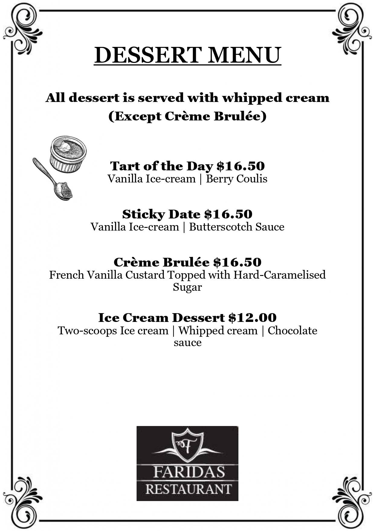 Menu at Faridas restaurant, Orewa