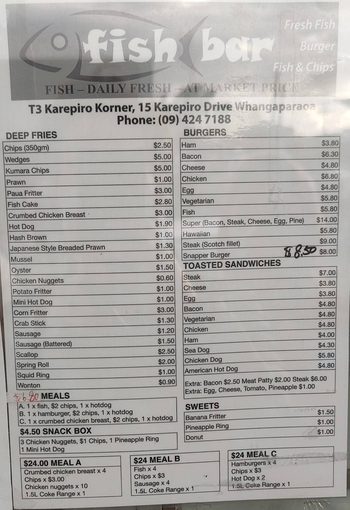 Menu at Fish Bar, Auckland
