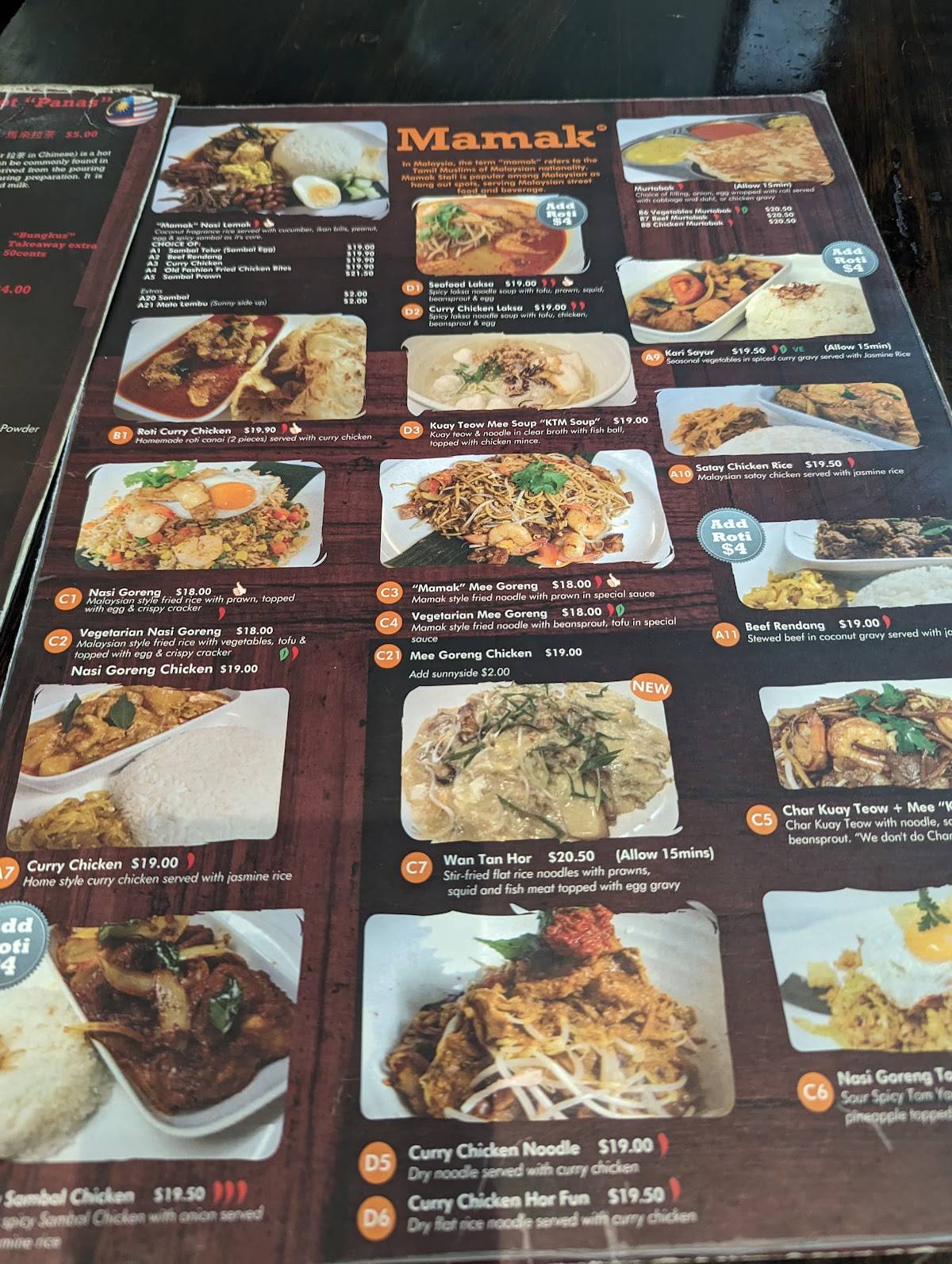 Menu at Mamak Malaysian Restaurant, Auckland