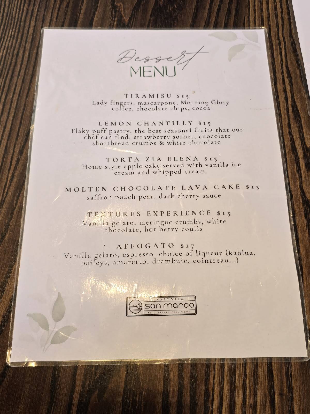 Menu at San Marco Trattoria & Bar, Auckland