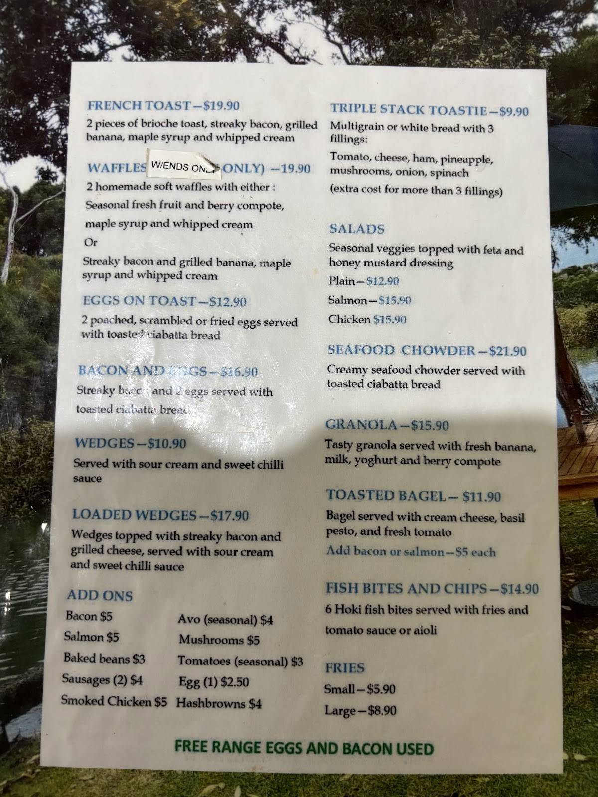 Menu at The Lime Tree Cafe, New Zealand, 730 Whitford Rd