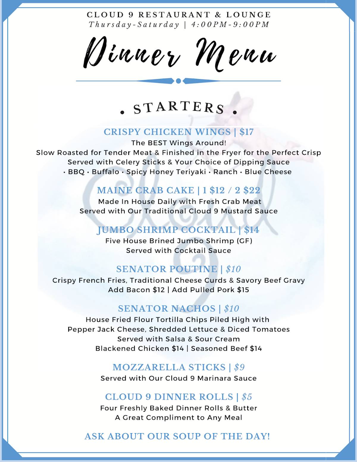 Menu at Cloud 9 Restaurant, Augusta