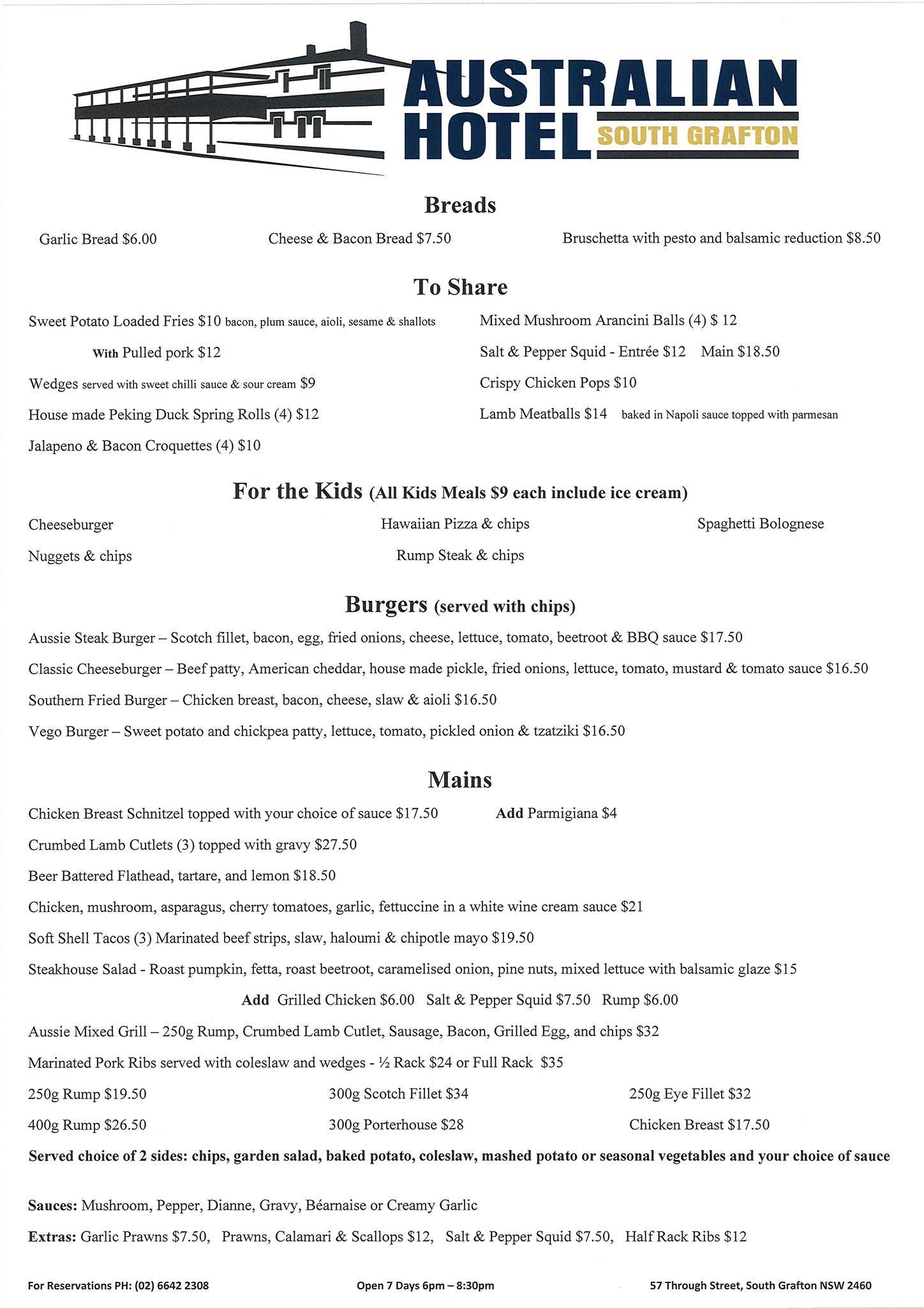 Menu at Australian Hotel, South Grafton