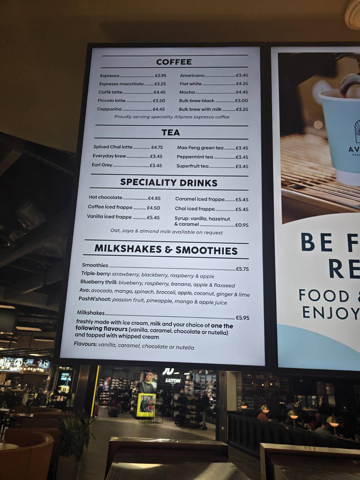 Menu at Avalon cafe, Luton, London Luton Airport