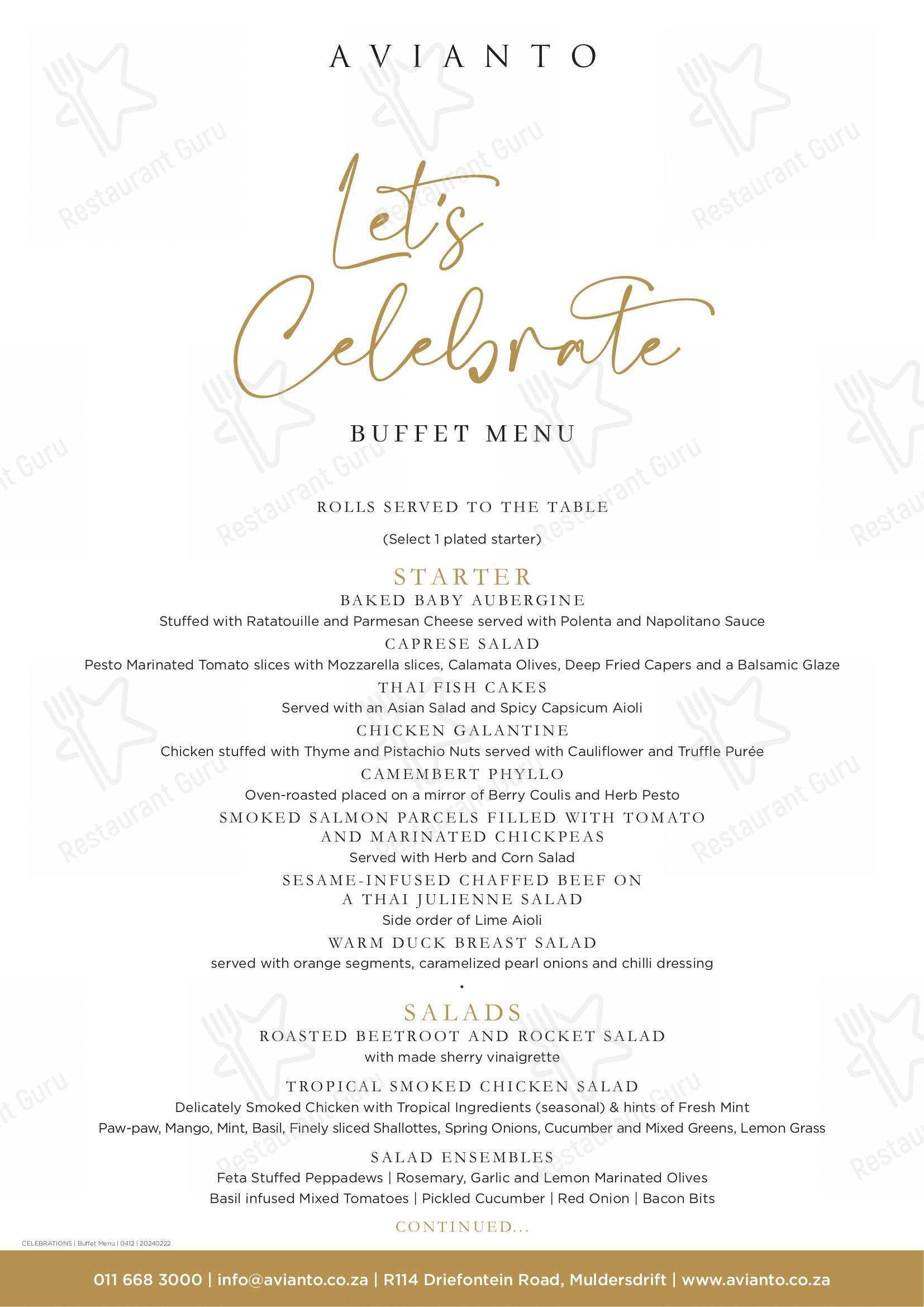 Menu at Avianto Cafe Cielo, Roodepoort, Avianto Hotel