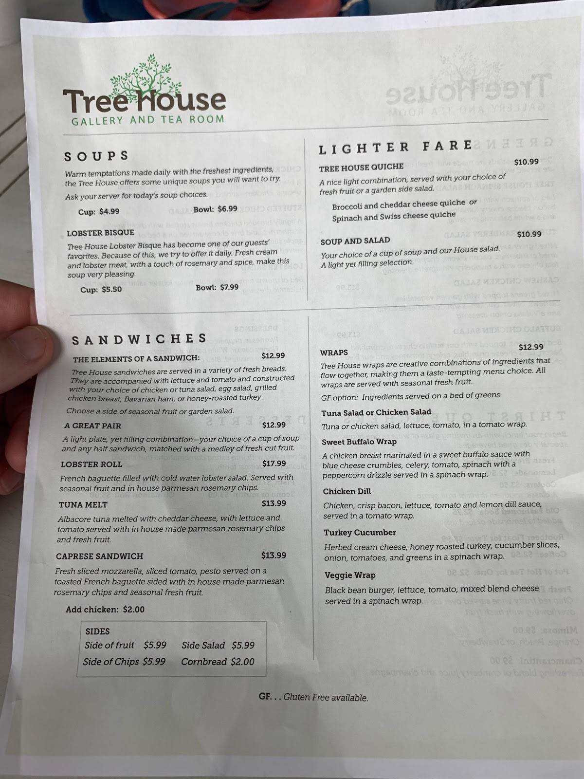 Menu at Tree House restaurant, Avon