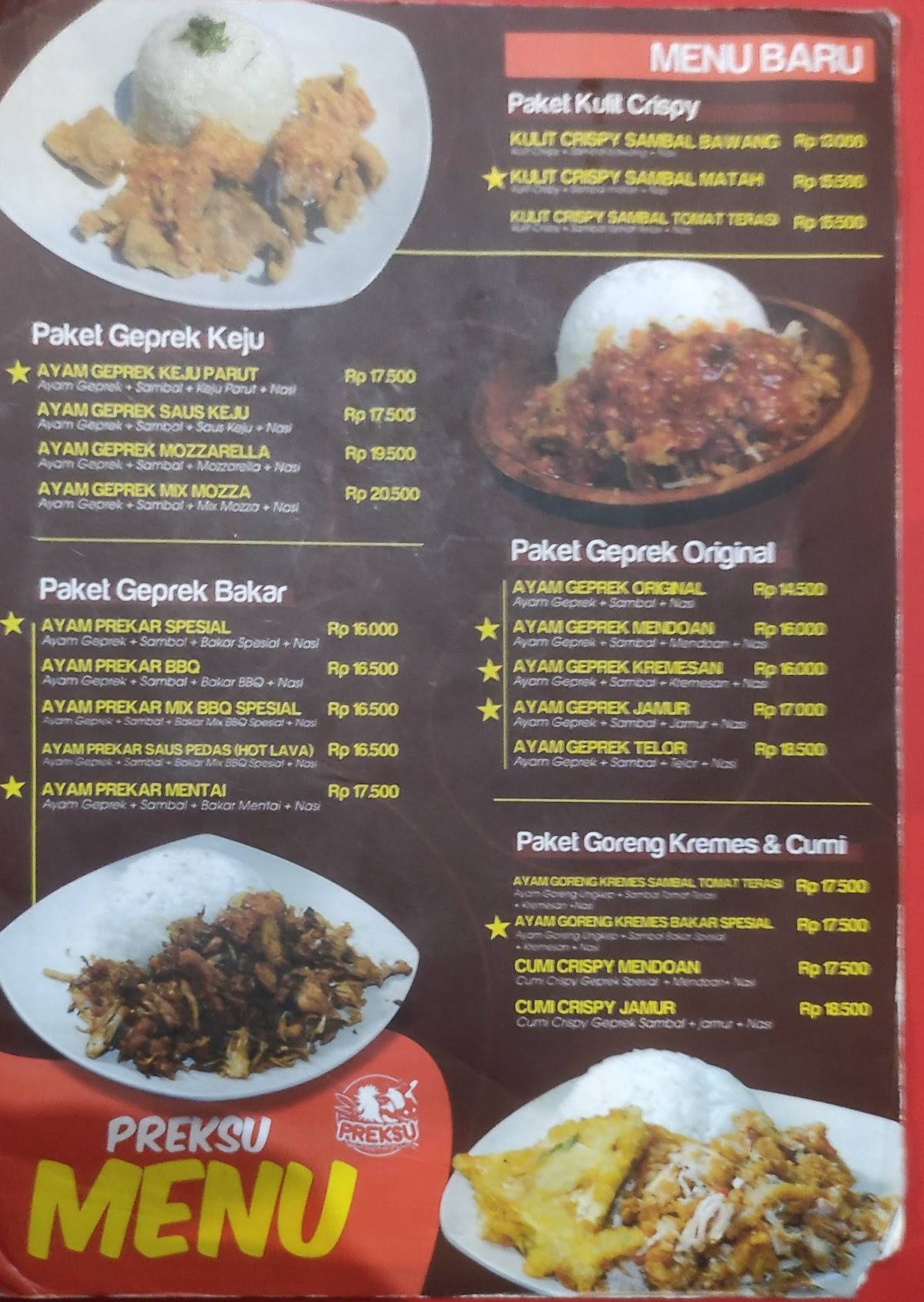 Menu at Ayam Geprek & Susu (PREKSU) restaurant, Malang