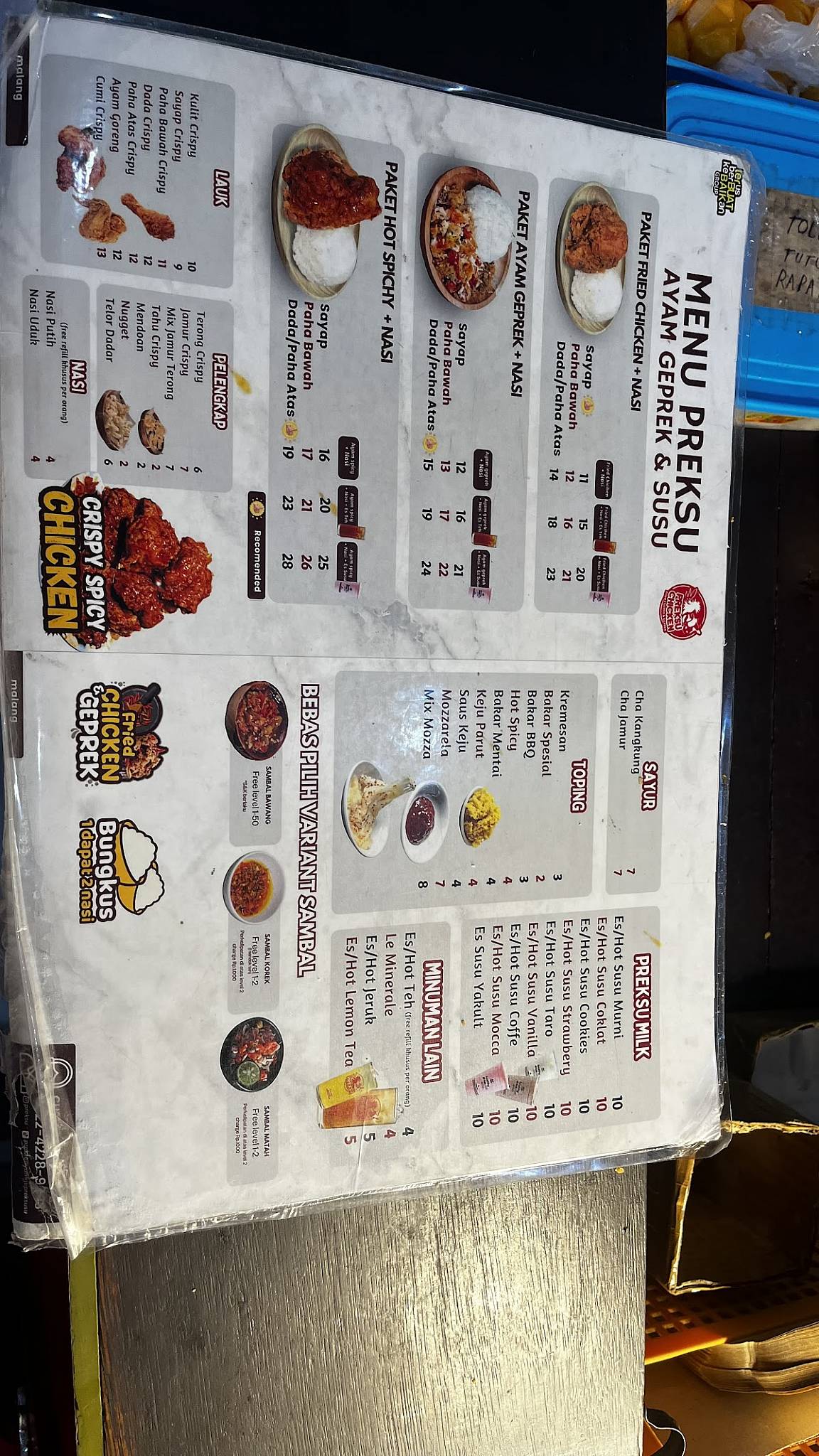 Menu at Ayam Geprek & Susu (PREKSU) restaurant, Malang