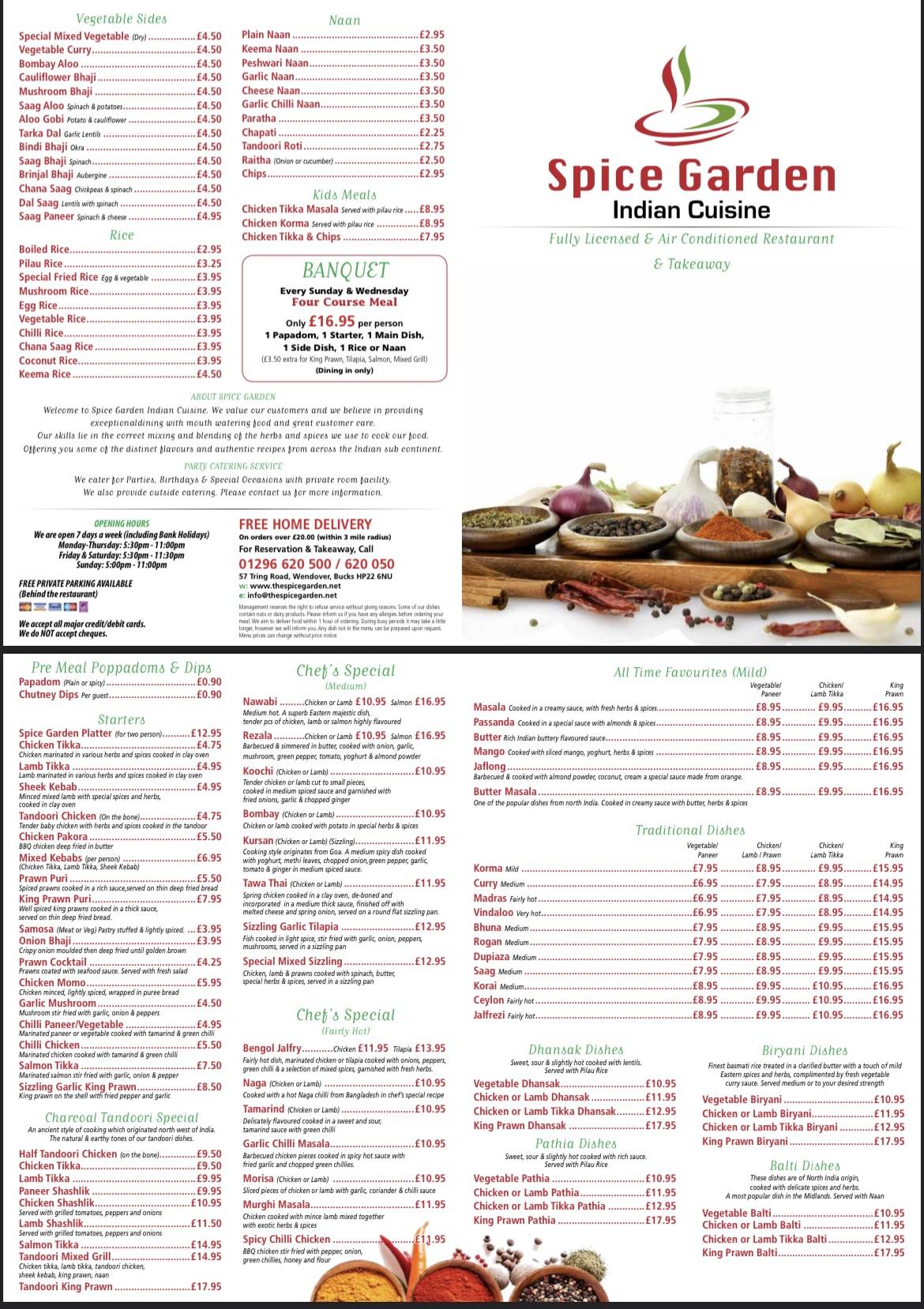 Menu at Spice Garden restaurant, Aylesbury