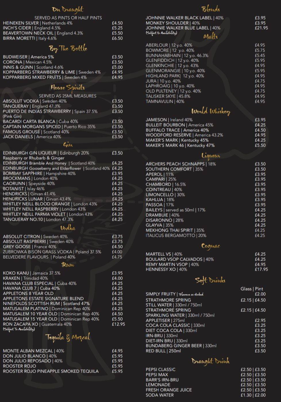 Menu at The Drunken Coo restaurant, Ayr