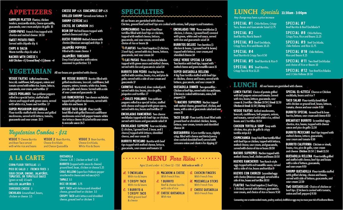 Menu at Azteca Mexican Grill restaurant, Oswego