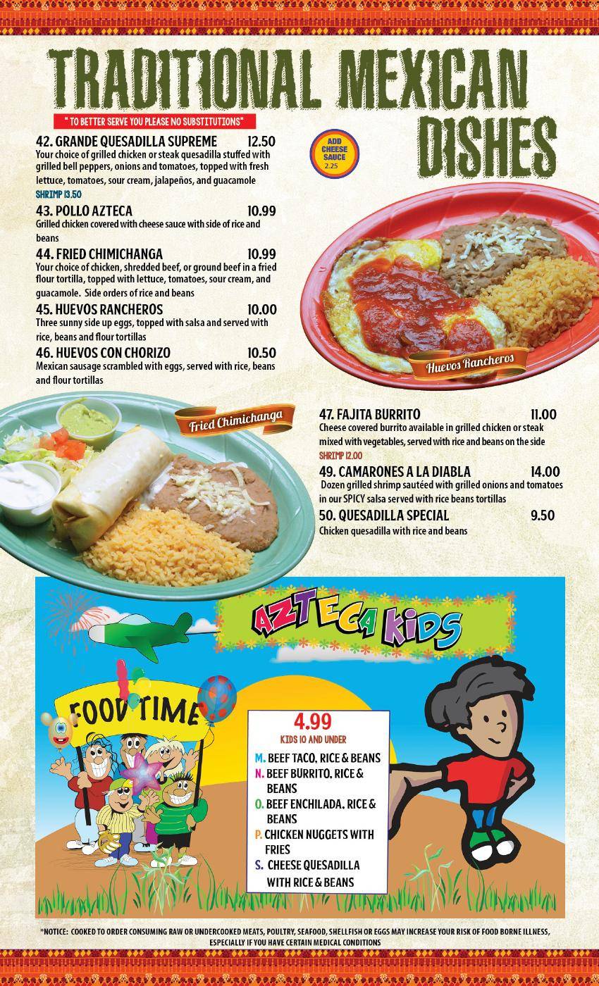 Menu at Aztecas Mexican Grill restaurant, Pell City
