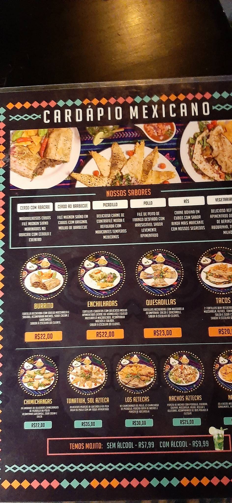 Menu at Aztecas Tex Mex restaurant, Recife