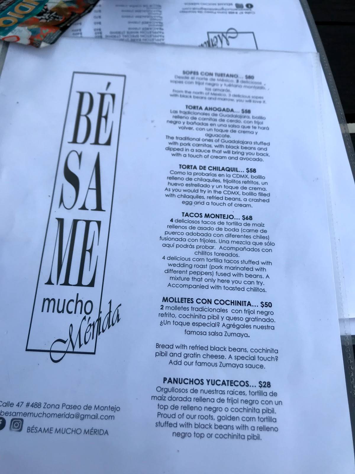 Menu at Bésame Mucho pub & bar, Merida