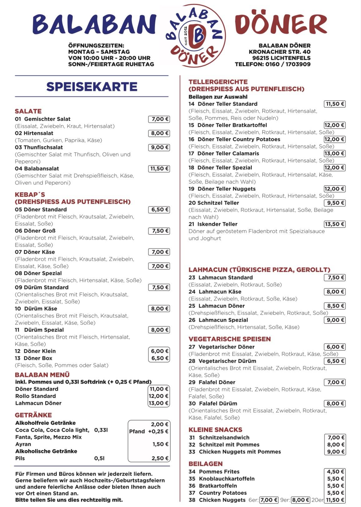 Speisekarte von BALABAN DÖNER restaurant, Lichtenfels