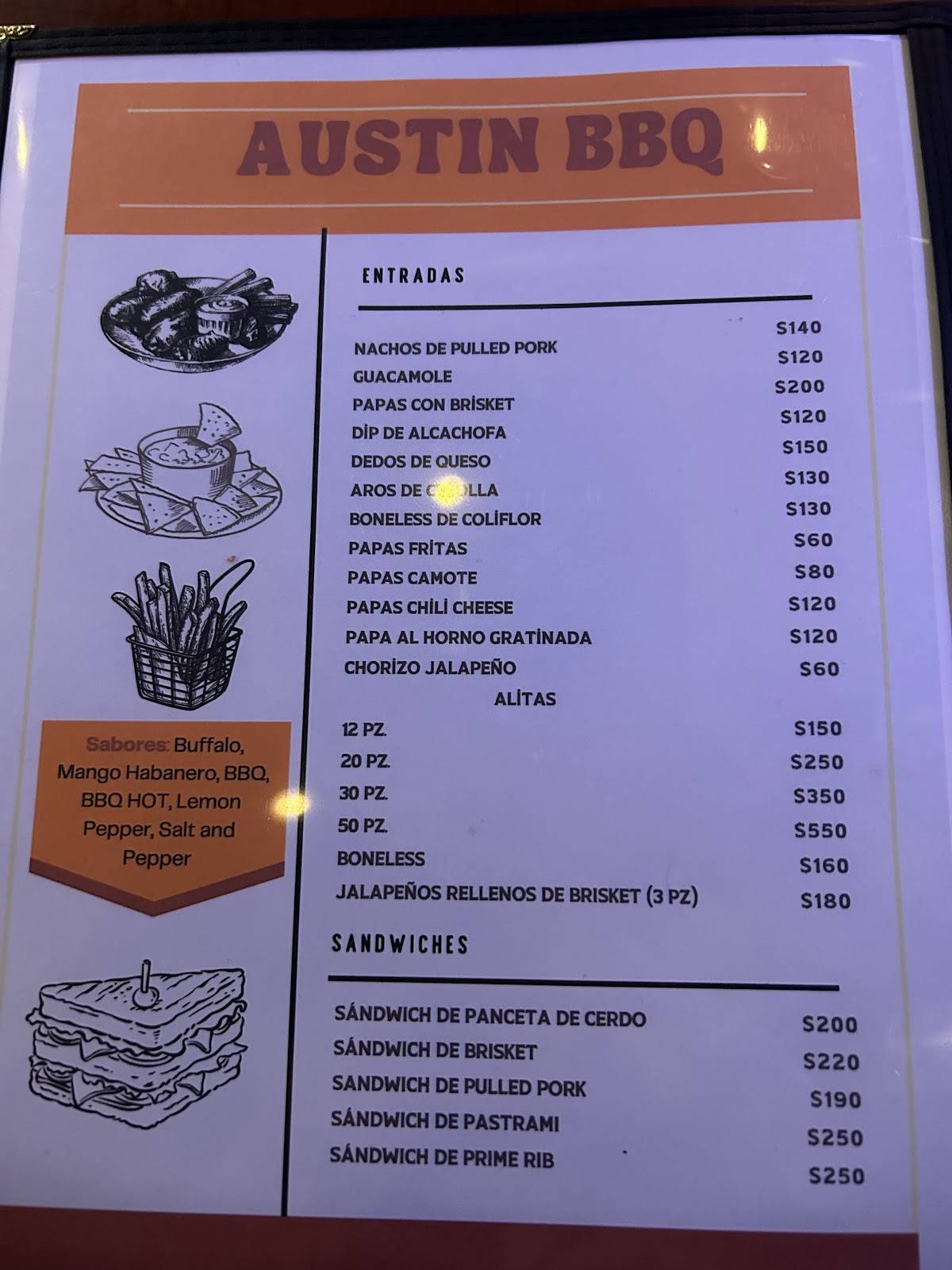 Menu at Austin’s BBQ, Mazatlán