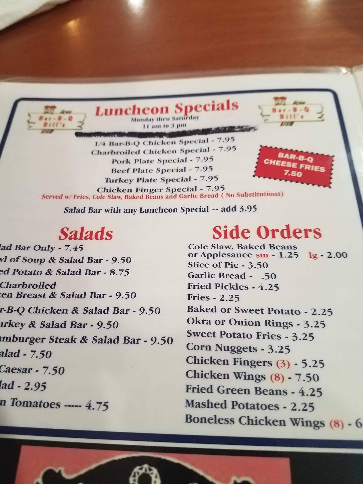 Menu at Bar-B-Q Bill's, Chiefland
