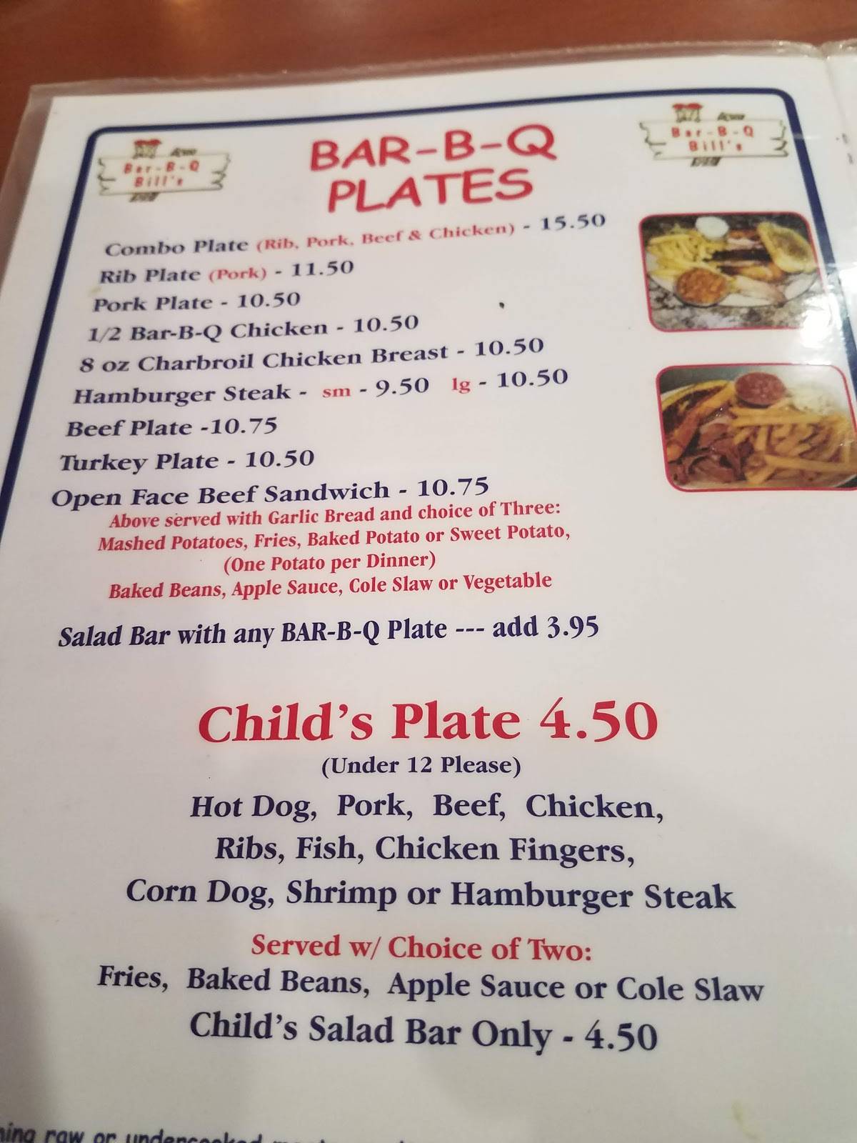 Menu at Bar-B-Q Bill's, Chiefland