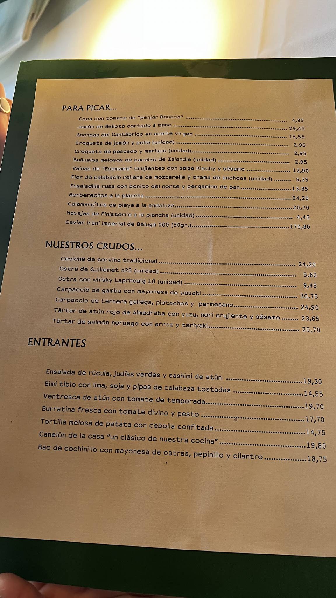 Menu at Feroz Barcelona, Barcelona