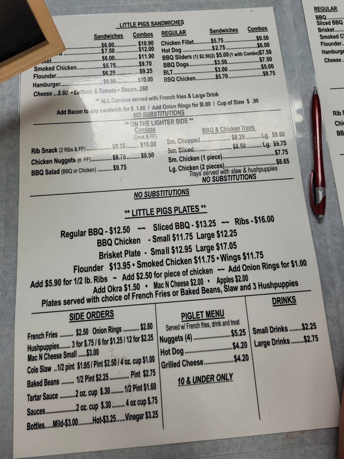 Carta de Little Pigs Barbecue, Newton