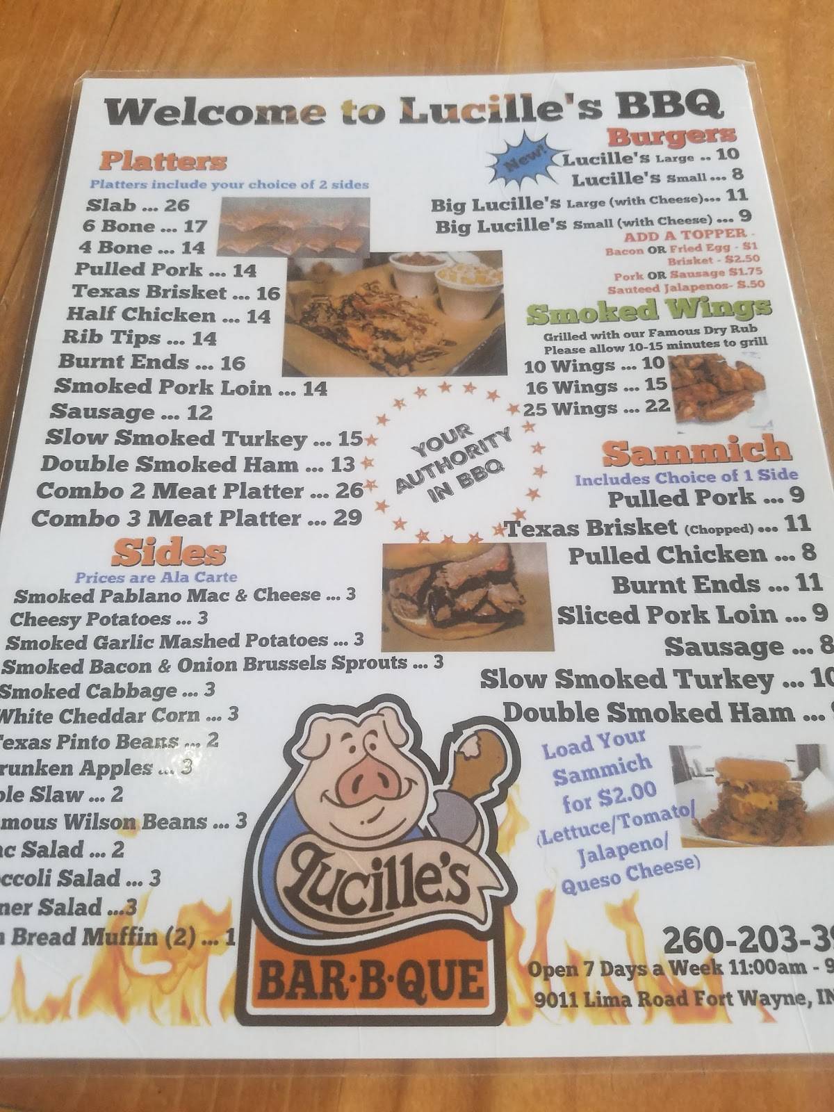 Menu at Lucille's BBQ, Fort Wayne