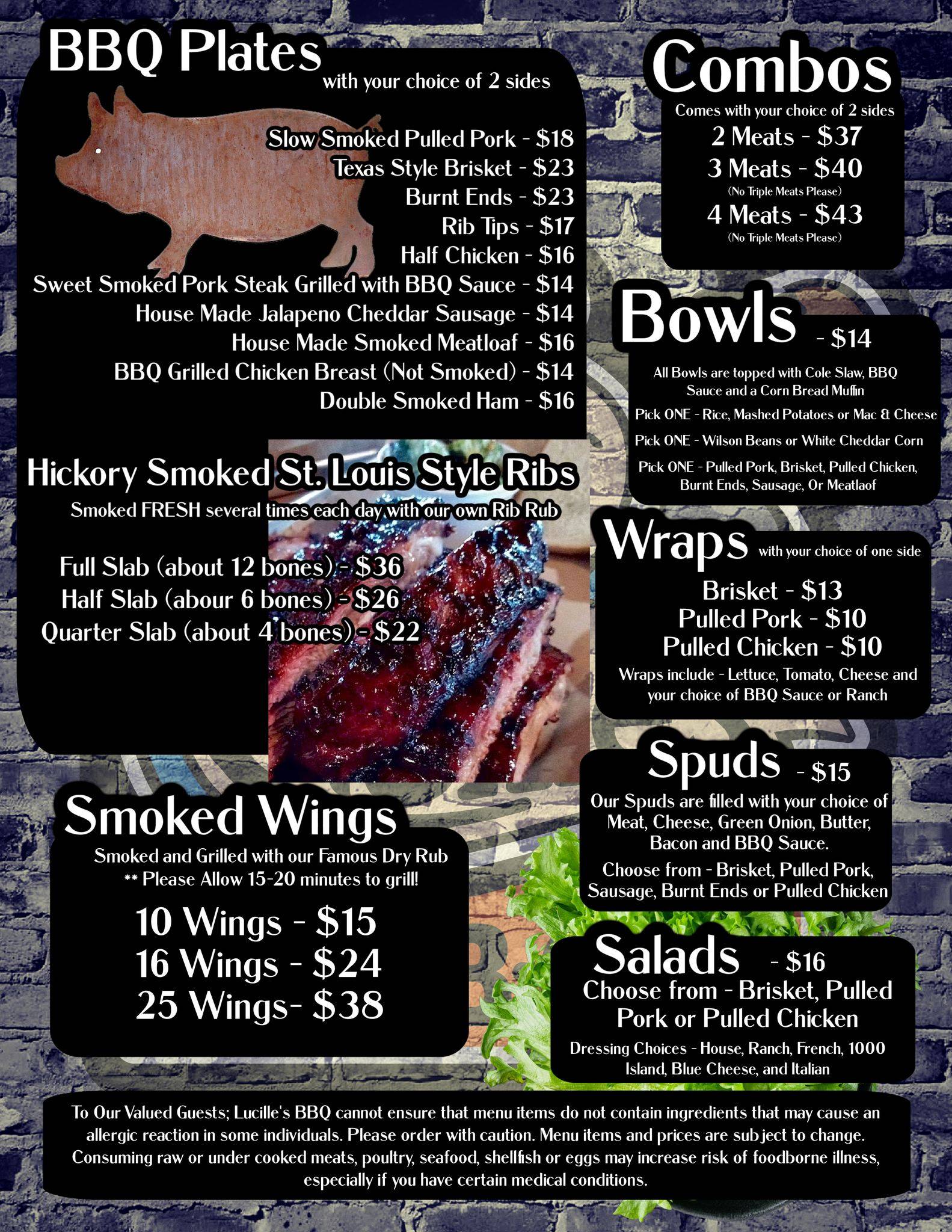 Menu at Lucille's BBQ, Fort Wayne