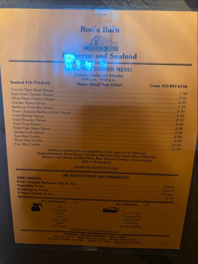 Menu At Rons Barn Barbecue And Seafood Sanford
