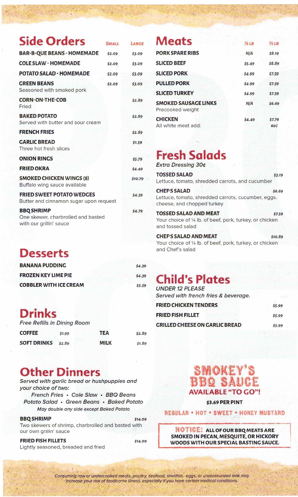 Menu at Smokey's BBQ, Pensacola, Pensacola Blvd