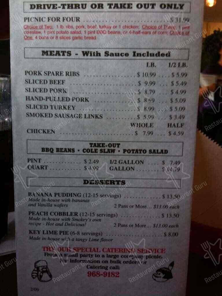 Menu at Smokey's BBQ, Pensacola, Pensacola Blvd