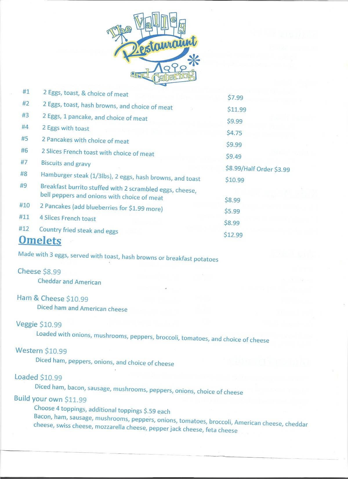 Menu at Valley Restaurant and Catering, Volga