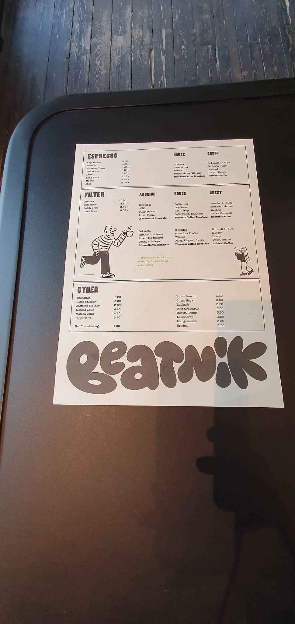 Menu at BEATNIK restaurant, Edinburgh